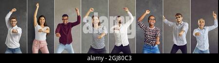 Set of excited multiracial young men and women celebrating success on ...