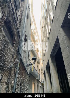 A narrow passage between two buildings shows overgrown plants and ...