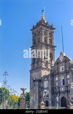 Tower Facade Angel Statues Outside Cathedral Puebla Mexico. Built in 15 ...