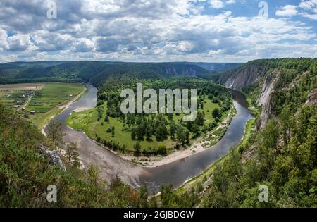 Aerial angle shot of Belaya river valley in Bashkortostan in Russia ...