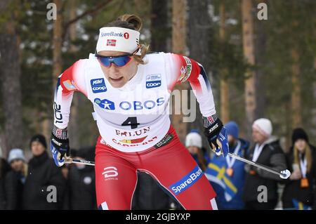 Maiken Caspersen Falla, of Norway, competes during the women's team ...