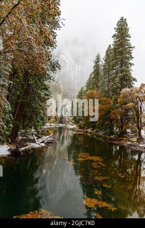 Merced River. Autumn first snow in Yosemite National Park, California ...