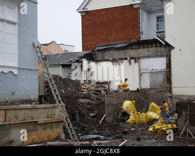 Retaining wall on building site made from large Lego concrete blocks ...