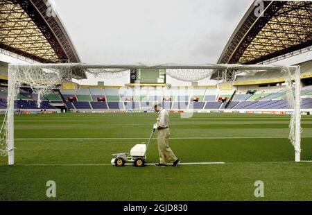 Ground staff mark out the lines in preparation for the Sky Bet ...