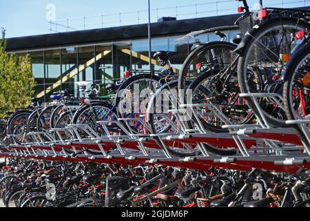 Bicycles parked in a two tier bike rack Photo Jeppe Gustafsson / TT ...