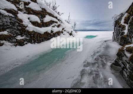 Arctic Silverfallet (or 'Silver Falls') waterfall on the Rakkasjokk ...