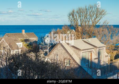 USA, Massachusetts, Nantucket Island. Siasconset village cottage window ...