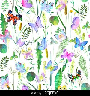 Wild forest grasses. Bright spring greenery. Branches with green leaves ...