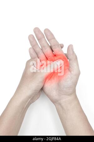 Burning sensation in hands of Asian young man with diabetes. Finger ...