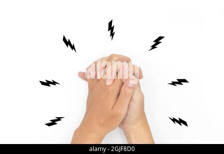 Throbbing pain in palm of Asian young man with diabetes. Concept of ...