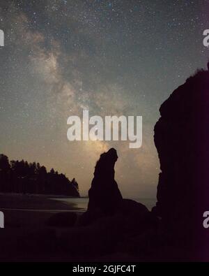 The Milky Way rising behind sea stacks on Ruby Beach, Olympic National ...