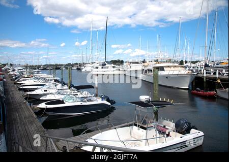 Boats docked at a marina on Goat Island, Newport, Rhode Island, USA ...