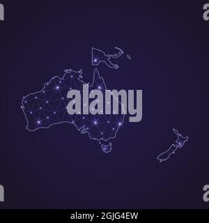 Digital network map of Oceania. Abstract connect line and dot on dark ...