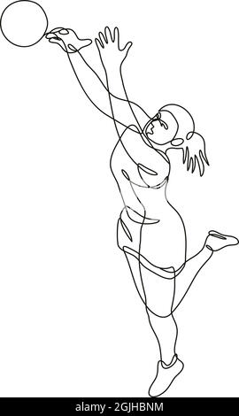 Continuous line drawing illustration of a netball player shooting and ...