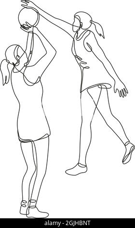 Continuous line drawing illustration of a netball player Rebounding and ...