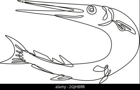 Illustration of a needlefish jumping done in retro woodcut style on ...