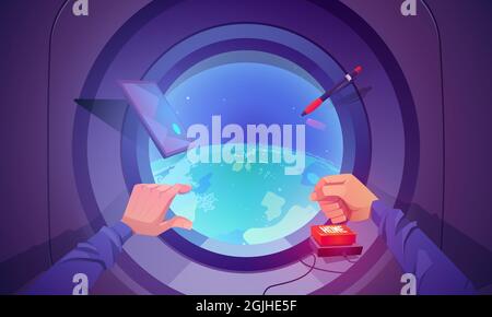 Spaceship interior with Earth view through round window. Concept of ...