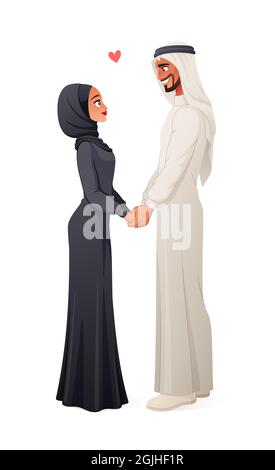 Happy Muslim couple holding hands. Husband and wife in traditional ...