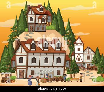 Medieval village scene with villagers illustration Stock Vector Image ...