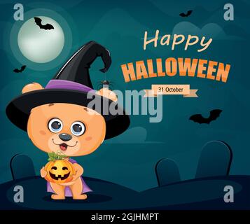 Cute little bear holding Halloween balloons. Cartoon animal character ...