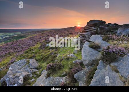 An outcrop of gritstone on the summit of Beamsley Beacon, a hill in ...