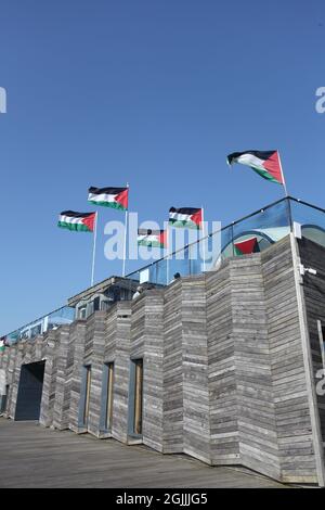 Palestinian flags flying on Hastings pier during 'Palestine on the Pier ...