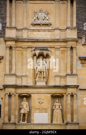 Detail of stone carved frontispiece in the Front Quad, Wadham College ...