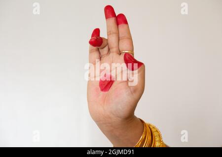 Indian Bharatanatyam classical dancer demonstrating dance mudra or ...