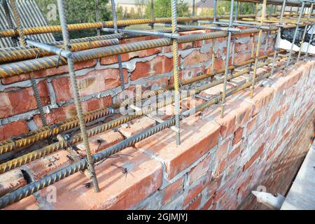 Bricklaying, Brickwork, with Iron Bars, Rebar or Reinforcing Steel Bars ...