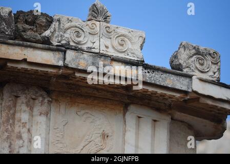 Closeup view of the Tholos Doric order triglyph and metope at the ...