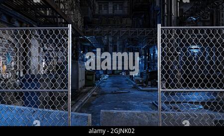 Dark seedy futuristic urban back street alley at night in the rain ...