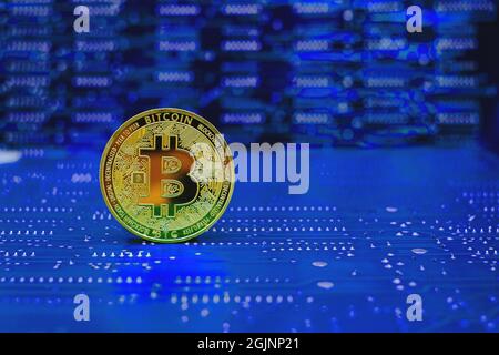Bitcoin cryptocurrency new version on computer electronic circuit board ...