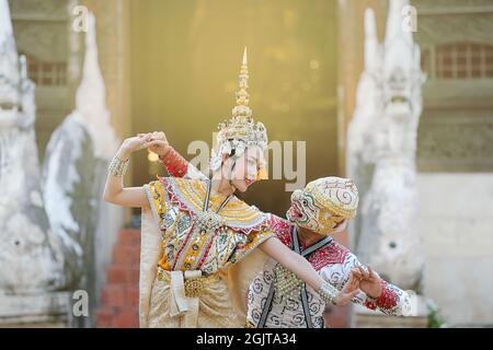 Hanuman and Suvannamaccha in Thai classical mask dance of the Ramayana ...