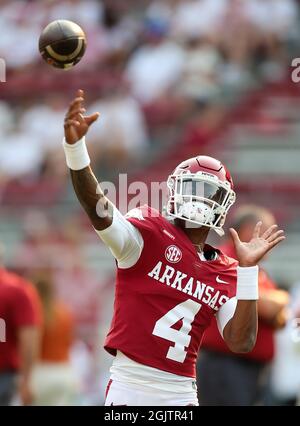 September 11, 2021: Razorback QB Malik Hornsby #4 prepares to release a ...
