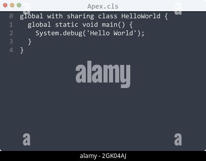 Apex language Hello World program sample in editor window illustration ...