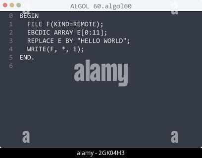 ALGOL W language Hello World program sample in editor window ...