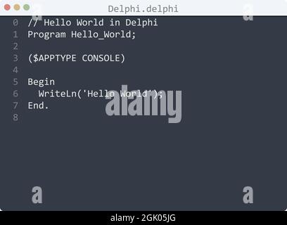 Delphi language Hello World program sample in editor window illustration Stock Vector Image ...