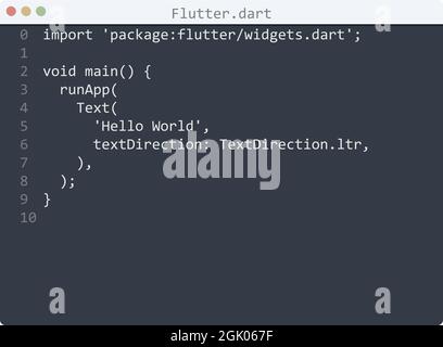Flutter language Hello World program sample in editor window illustration Stock Vector Image ...