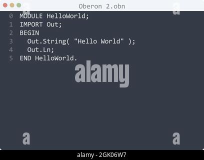 Oberon language Hello World program sample in editor window illustration Stock Vector Image ...