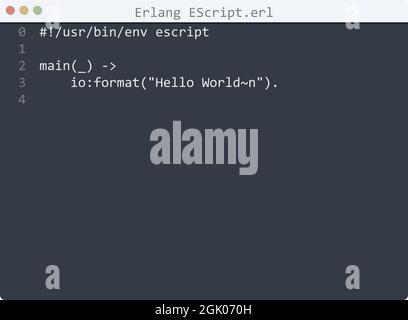 Erlang EScript language Hello World program sample in editor window ...