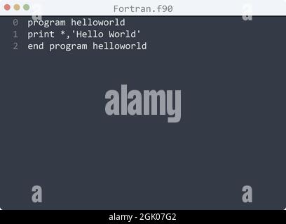 Fortran language Hello World program sample in editor window ...