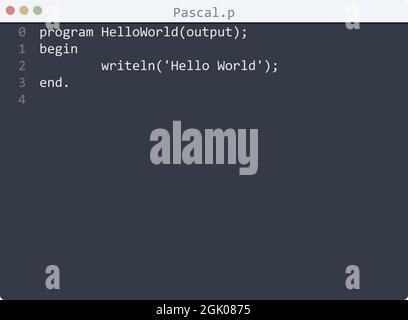 Pascal language Hello World program sample in editor window illustration Stock Vector Image ...