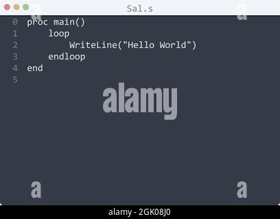 Sal language Hello World program sample in editor window illustration ...