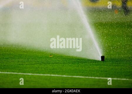 Details with lawn sprinklers on the pitch of a soccer stadium Stock ...