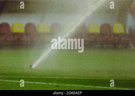 Details with lawn sprinklers on the pitch of a soccer stadium Stock ...