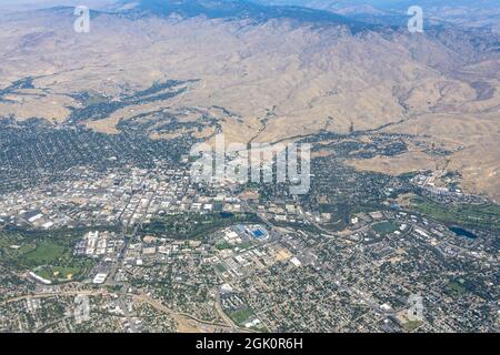USA, Idaho, Boise, Aerial view of Downtown surounded by fall colors and ...