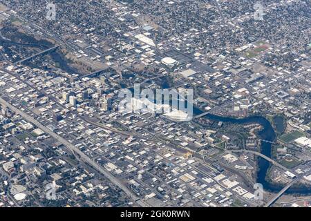 Downtown Spokane Washington, USA aerial view of the Spokane River and ...