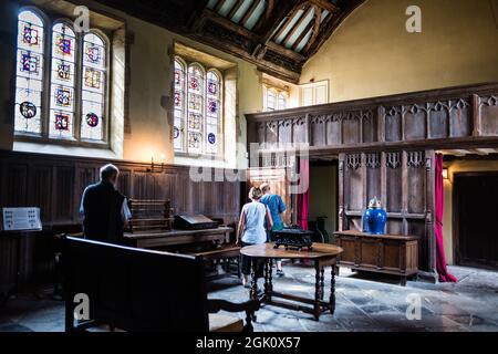 The interior of the great hall of the medieval manor house built in the ...