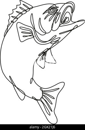Continuous line drawing illustration of a largemouth bass jumping up ...