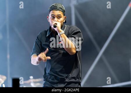 Singer Myke Towers performs during his concert at the WiZink Center, on ...